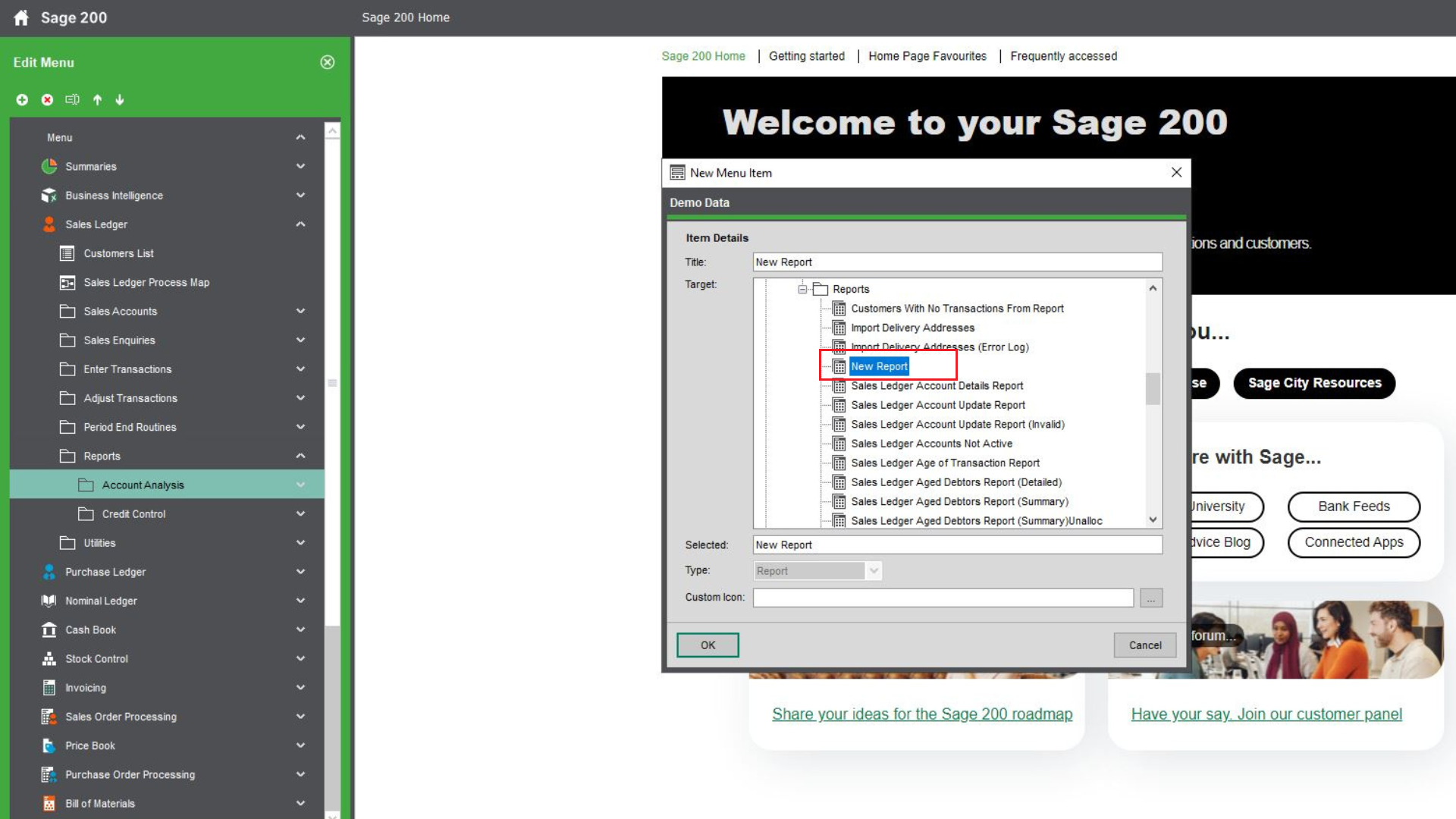 Adding a new report to the Sage 200 menu | Datel